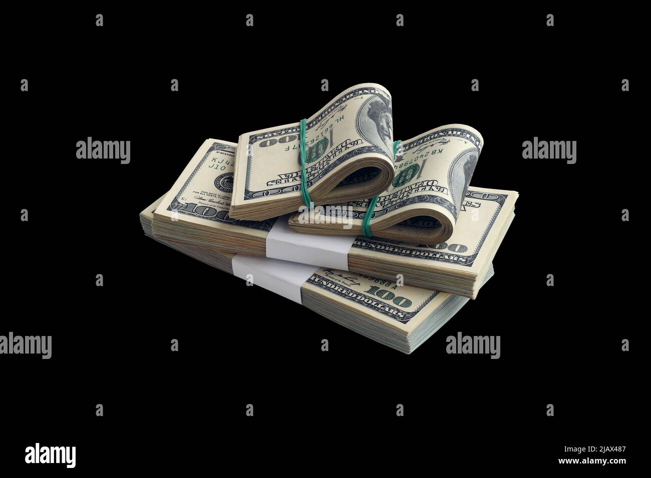 Bundle of US dollar bills isolated on black. Pack of american money ...