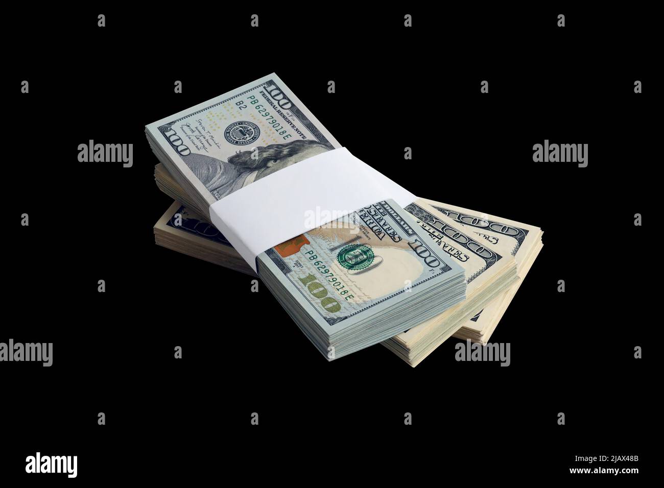 Bundle of US dollar bills isolated on black. Pack of american money ...