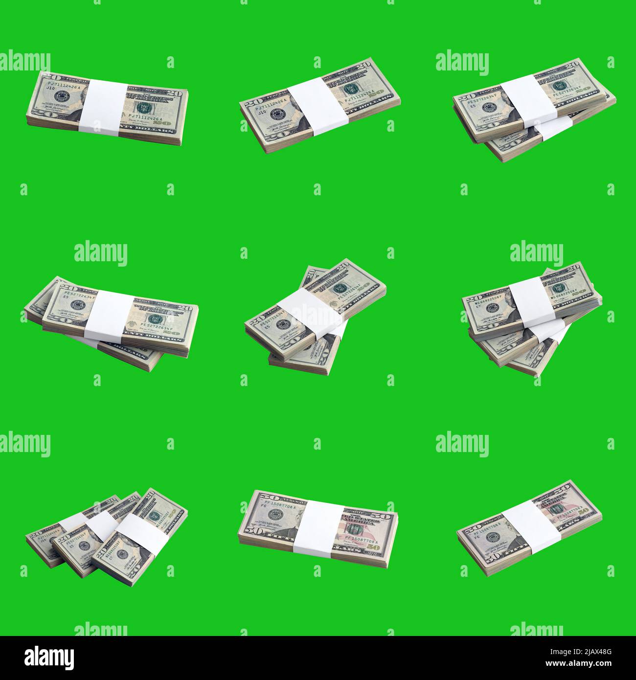 Big set of bundles of US dollar bills isolated on chroma key green ...