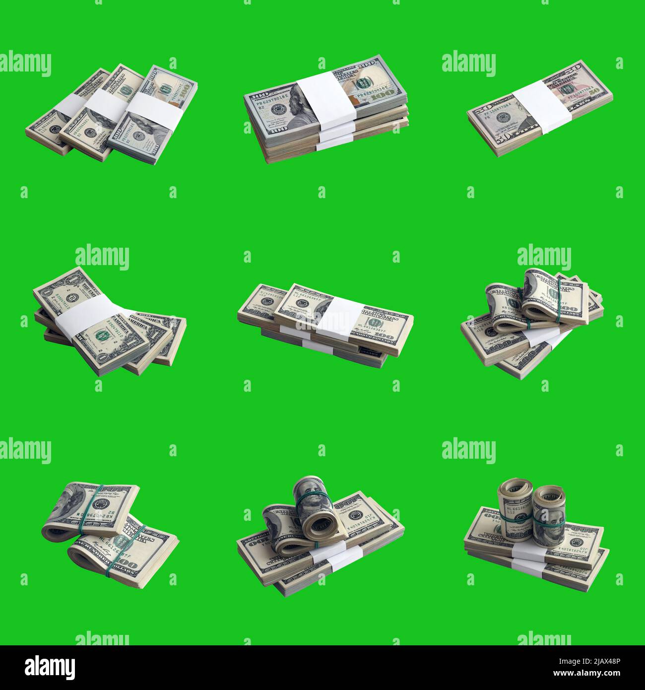 Big set of bundles of US dollar bills isolated on chroma key green ...
