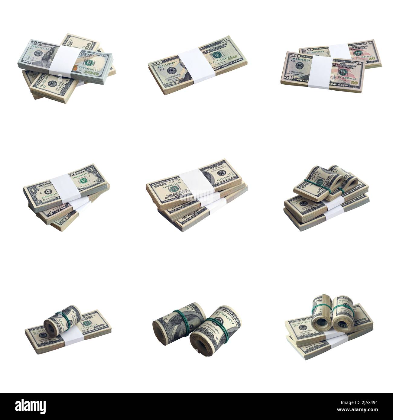 Big set of bundles of US dollar bills isolated on white. Collage with ...