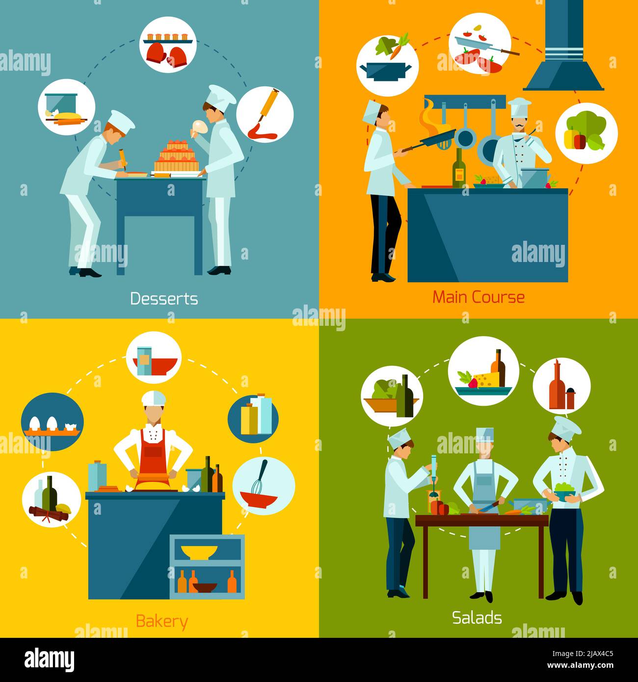 Cooking people making salads main course and bakery design concept set ...