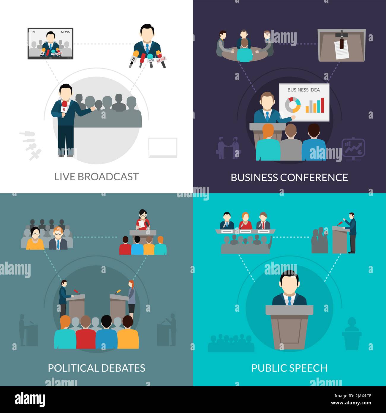 Public speaking design concept set with business conference flat icons ...