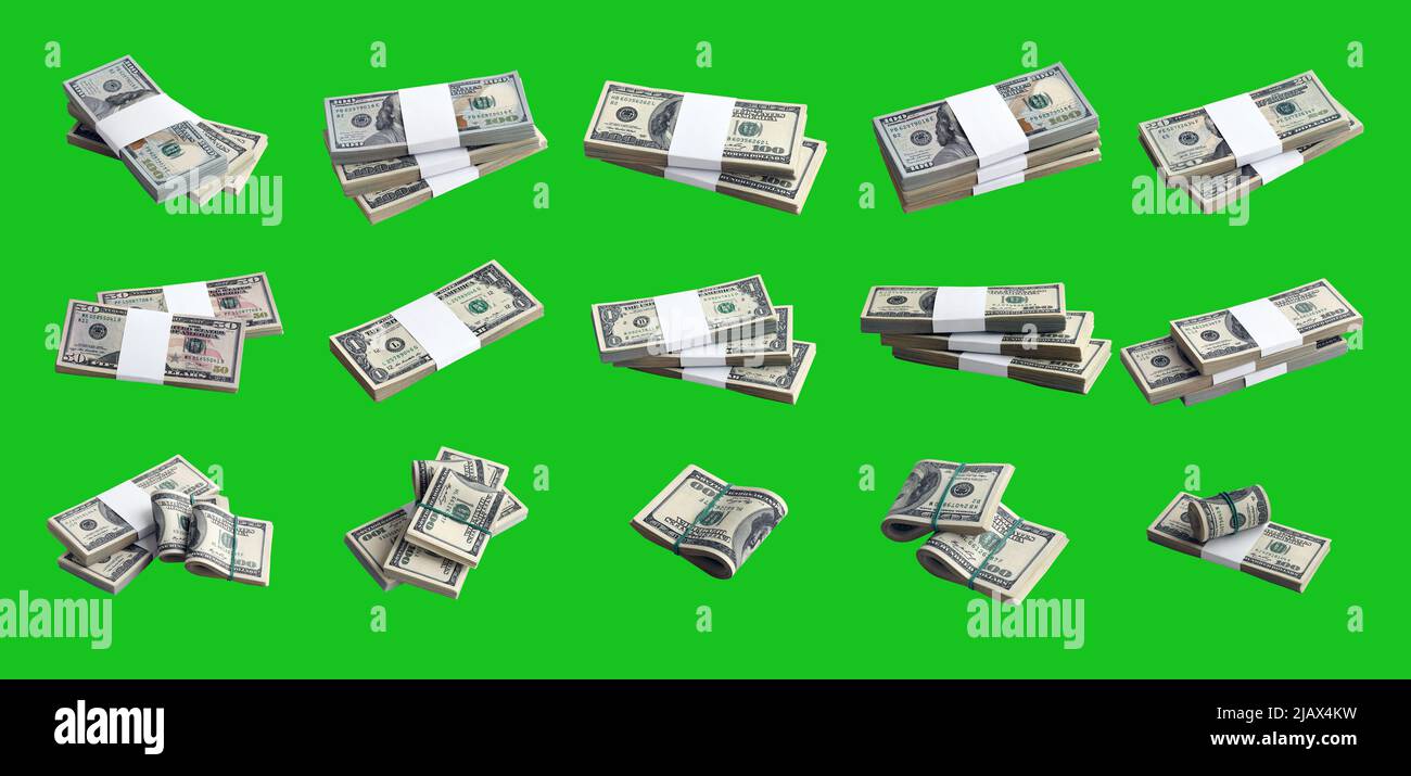 Big set of bundles of US dollar bills isolated on chroma key green ...