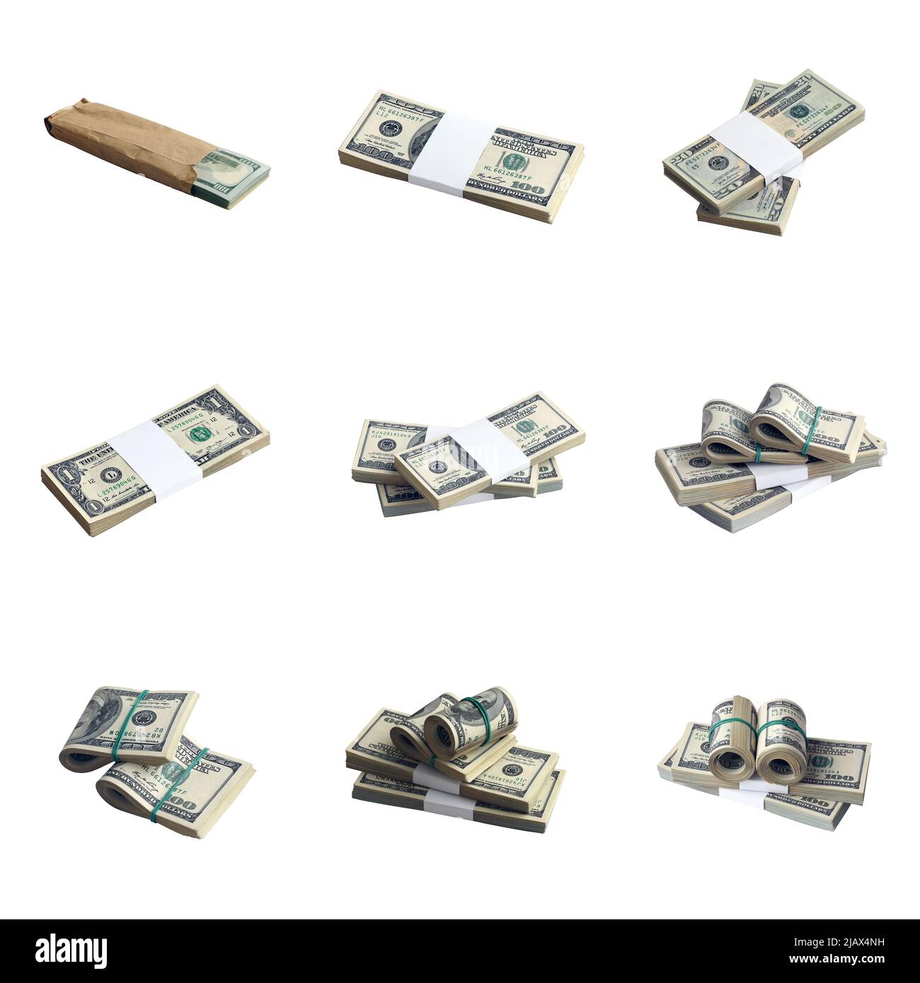 Big set of bundles of US dollar bills isolated on white. Collage with ...