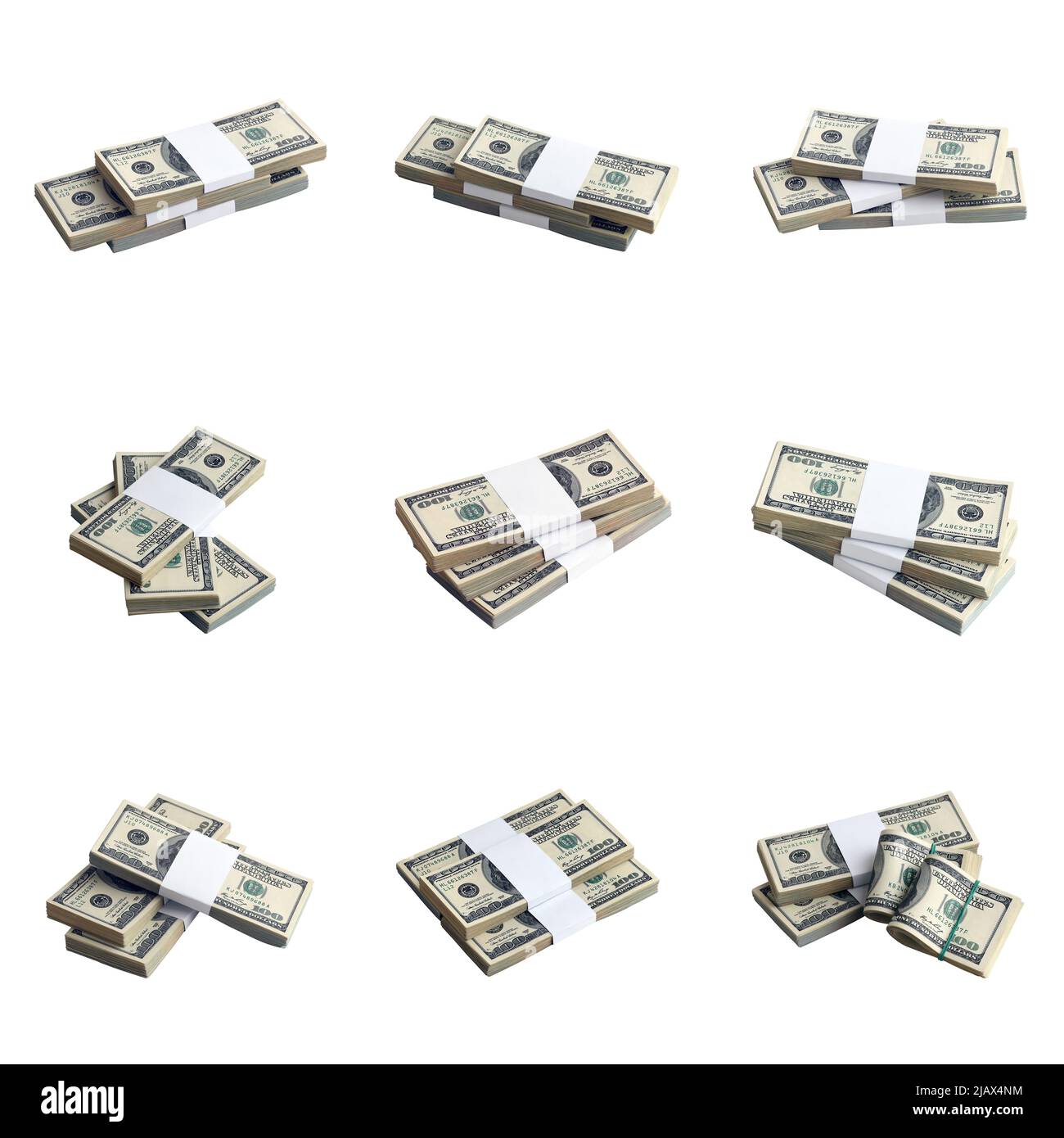 Big set of bundles of US dollar bills isolated on white. Collage with ...