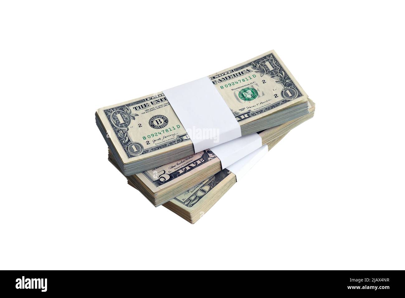 Bundle of US dollar bills isolated on white. Pack of american money ...