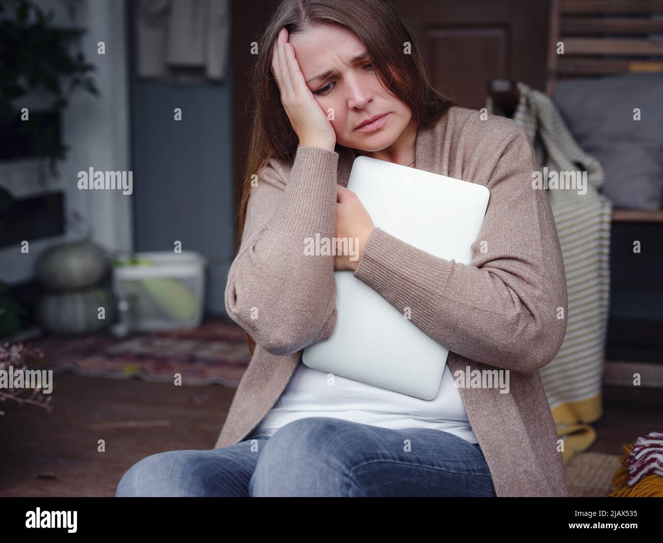 Stressed forgetful old middle aged woman suffering from headache after ...