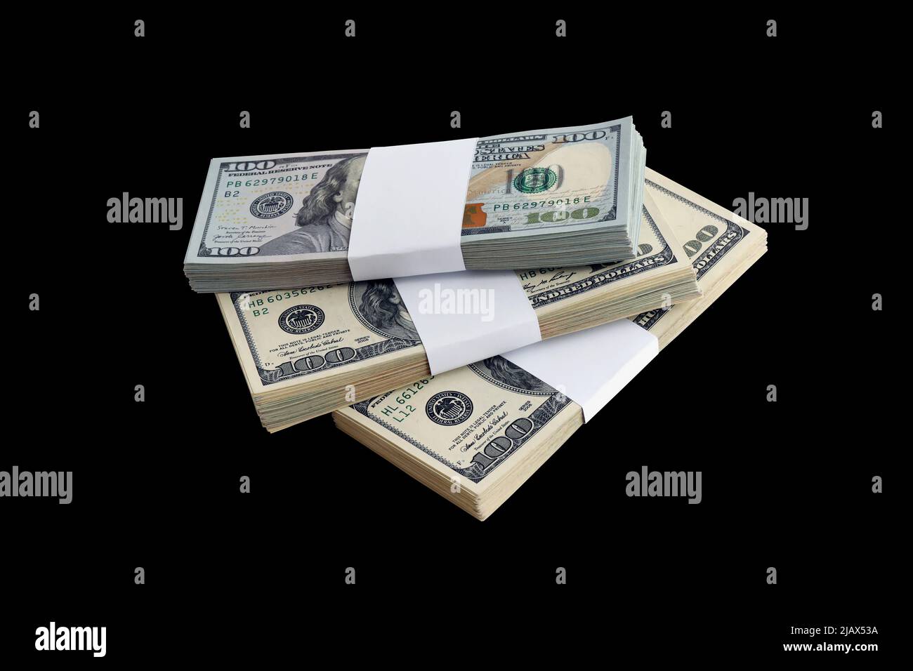 Bundle of US dollar bills isolated on black. Pack of american money with high resolution on ...