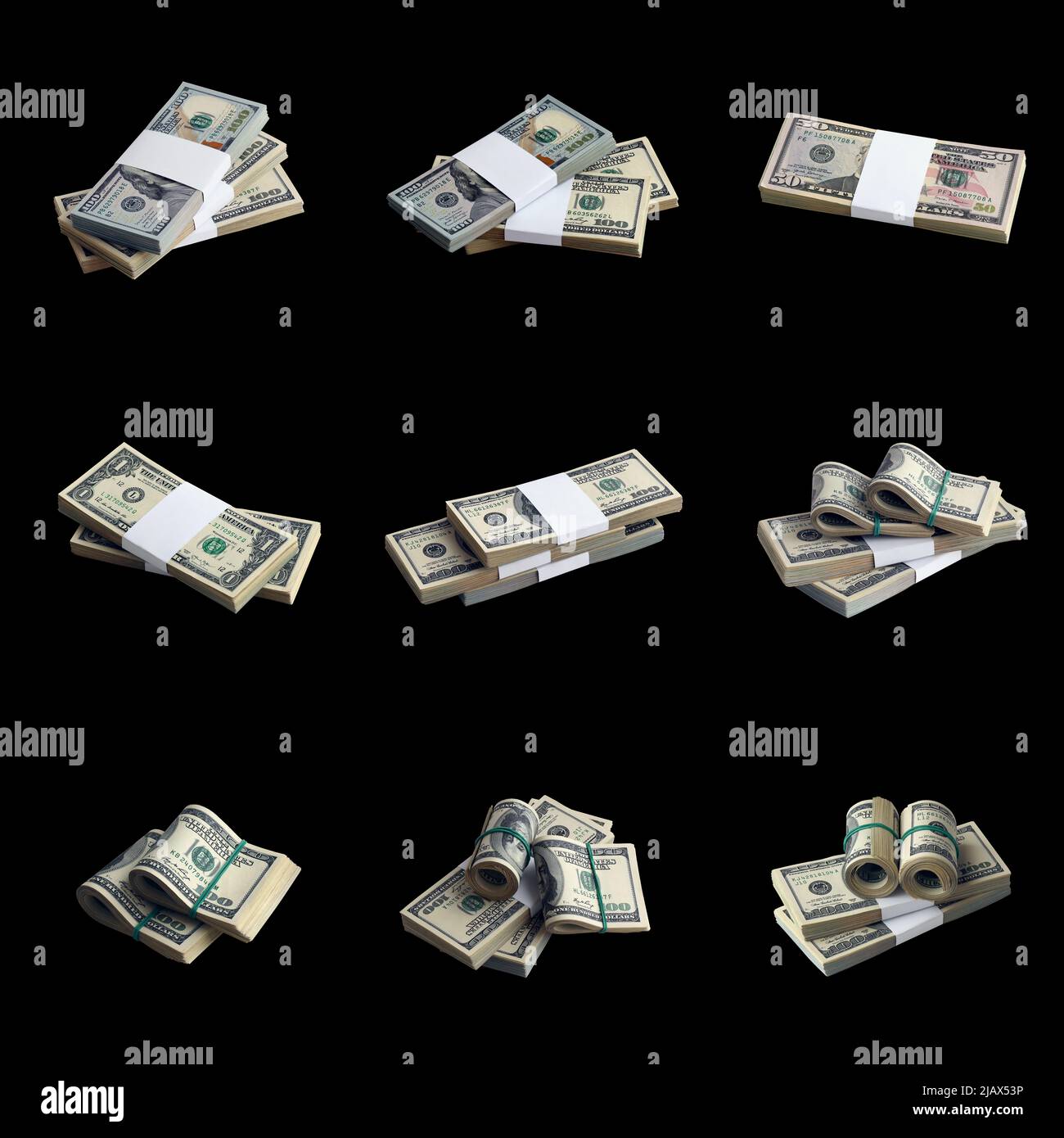 Big set of bundles of US dollar bills isolated on black. Collage with ...