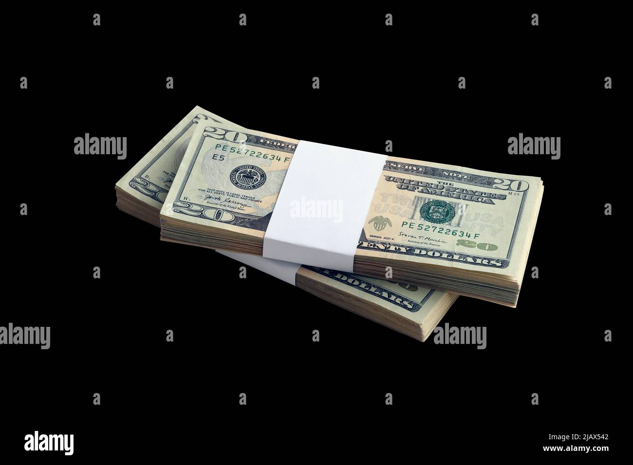 Bundle of US dollar bills isolated on black. Pack of american money ...