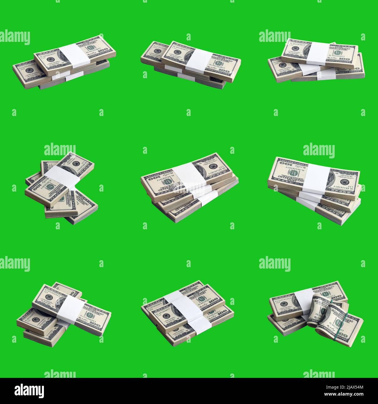 Big set of bundles of US dollar bills isolated on chroma key green ...