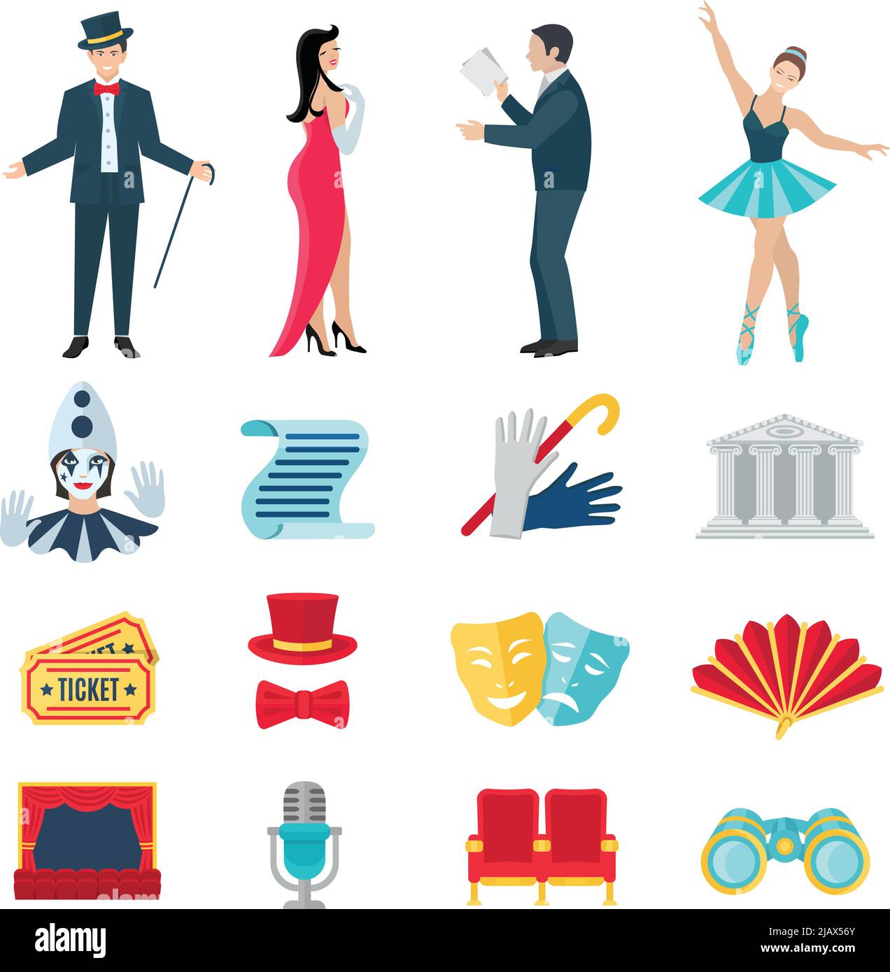 Theater flat icons set with drama and music performance symbols ...