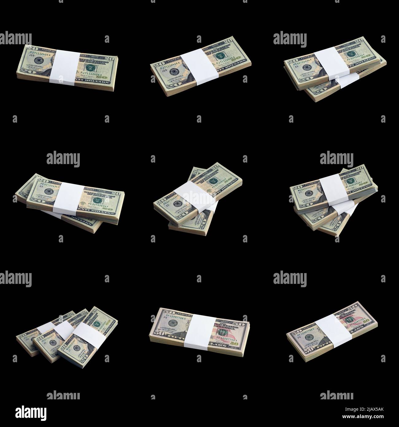 Big set of bundles of US dollar bills isolated on black. Collage with ...