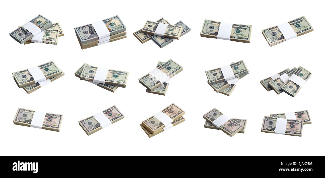 Big set of bundles of US dollar bills isolated on white. Collage with ...