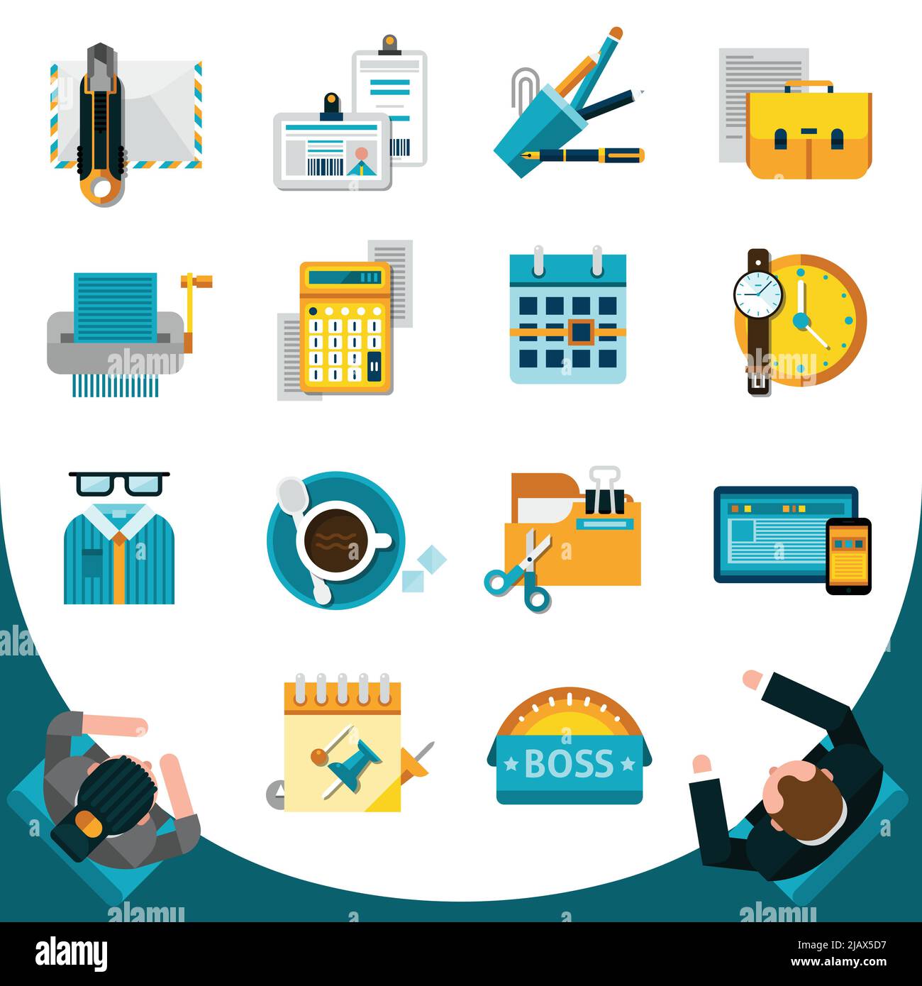 Office icons set with flat business stationery symbols isolated vector ...