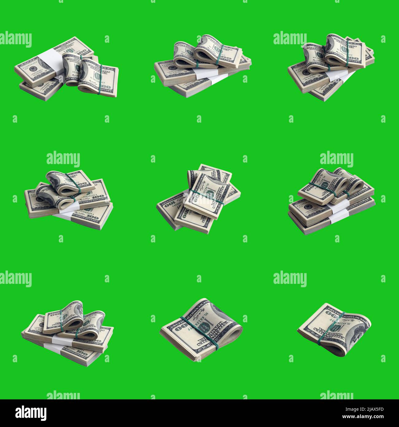 Big set of bundles of US dollar bills isolated on chroma key green ...