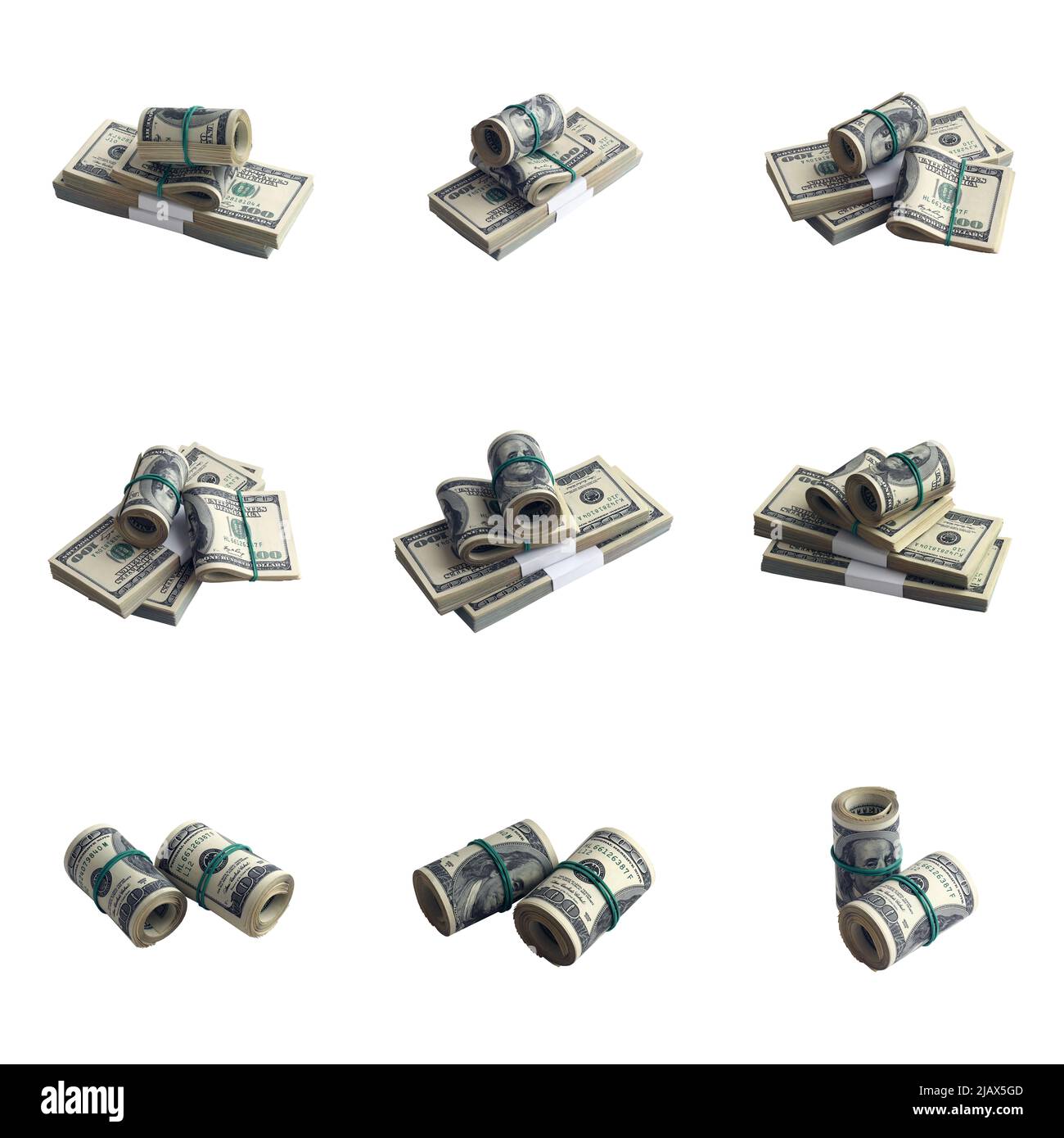 Big set of bundles of US dollar bills isolated on white. Collage with ...