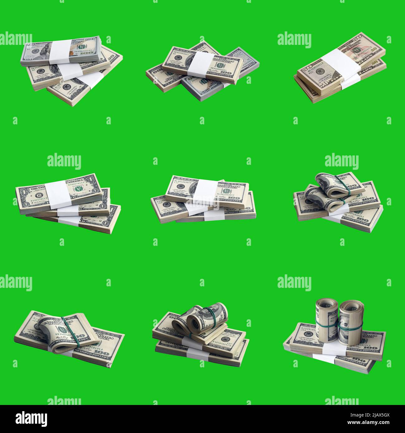 Big set of bundles of US dollar bills isolated on chroma key green ...