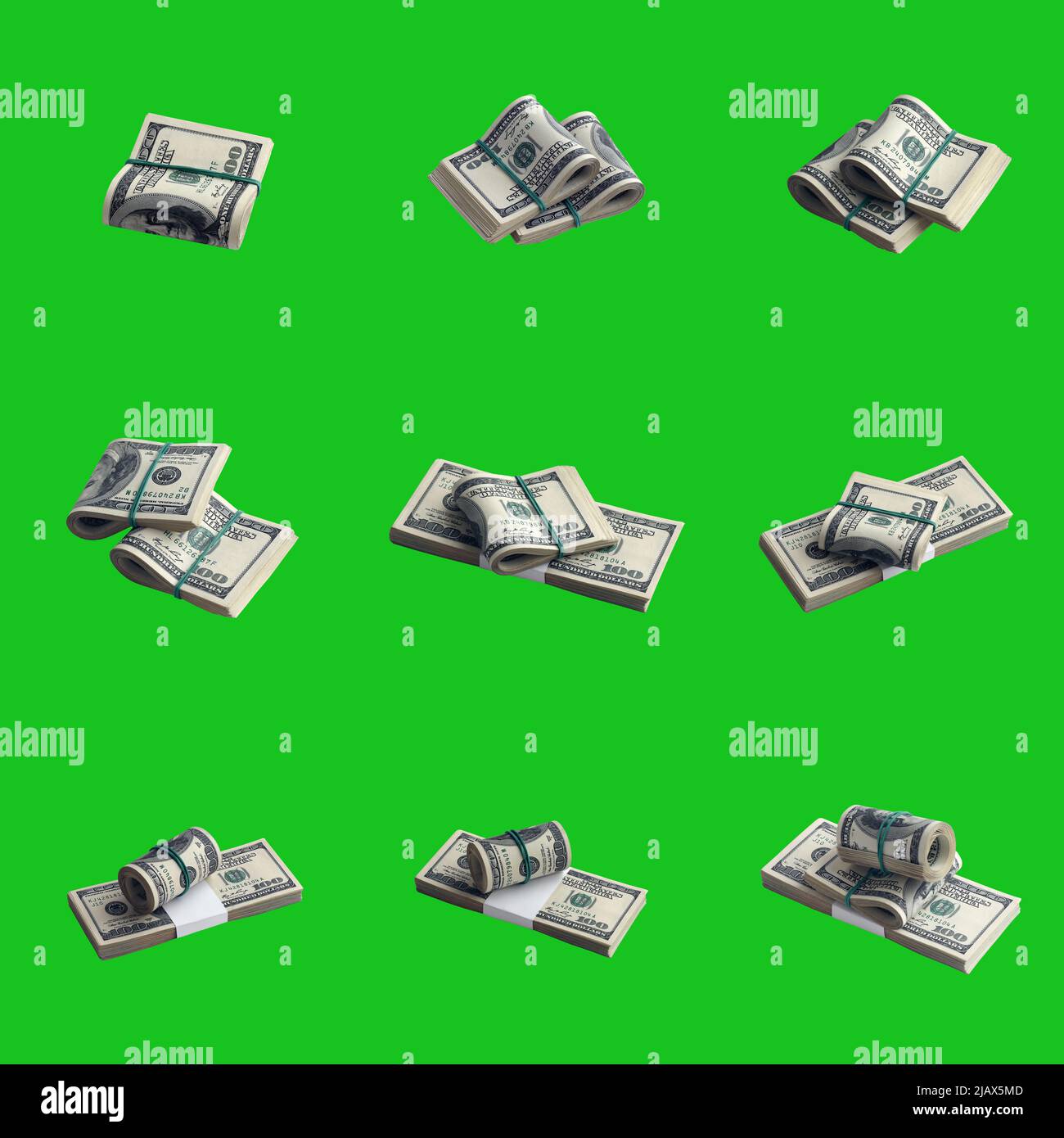 Big set of bundles of US dollar bills isolated on chroma key green ...