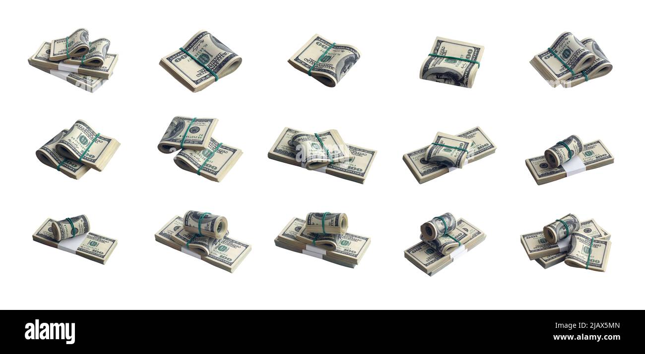 Big set of bundles of US dollar bills isolated on white. Collage with ...