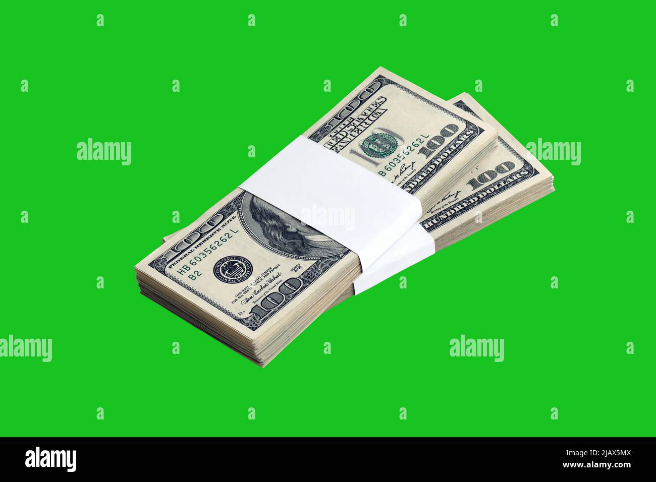 Bundle of US dollar bills isolated on chroma keyer green. Pack of american money with high ...