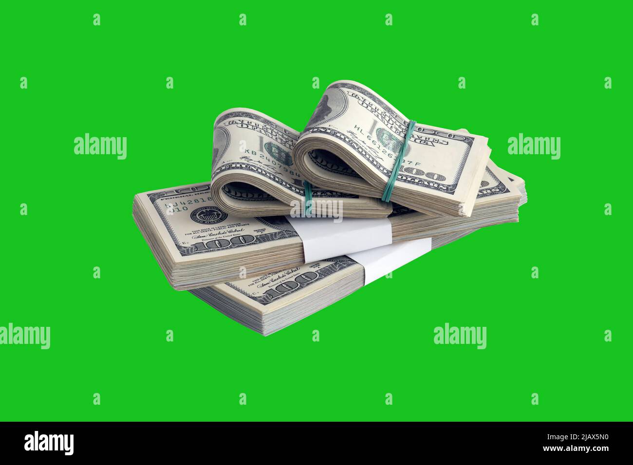 Bundle of US dollar bills isolated on chroma keyer green. Pack of american money with high ...