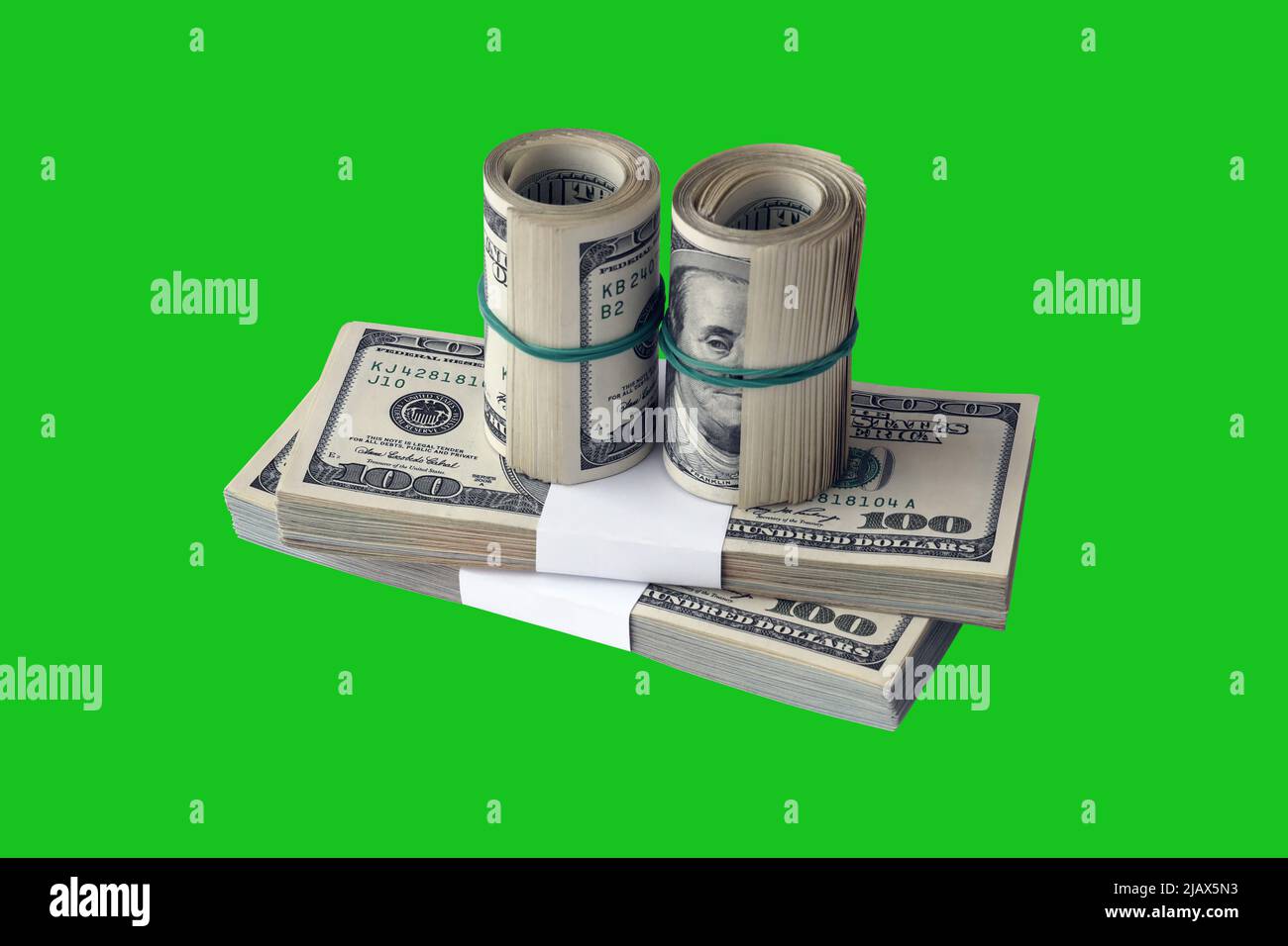 Bundle of US dollar bills isolated on chroma keyer green. Pack of american money with high ...