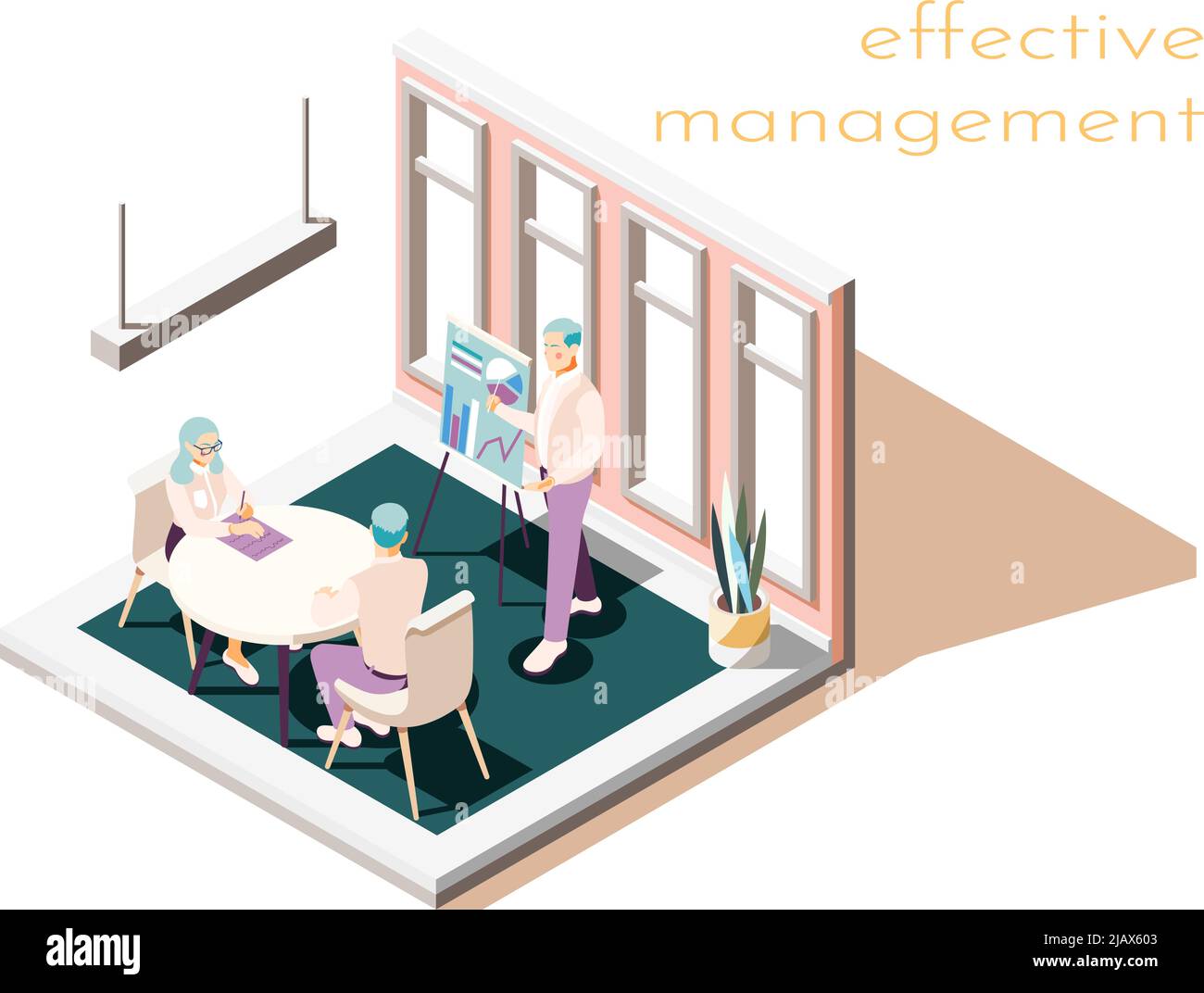 Effective management isometric composition with text and room interior ...
