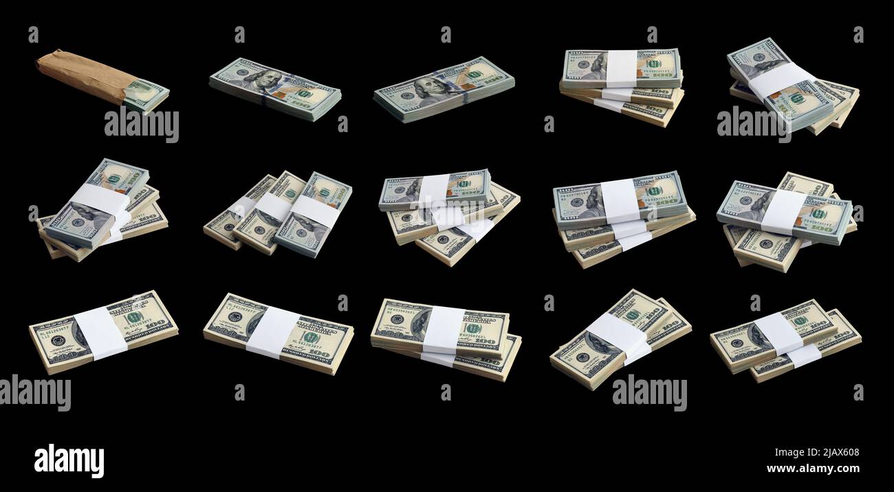 Big set of bundles of US dollar bills isolated on black. Collage with ...