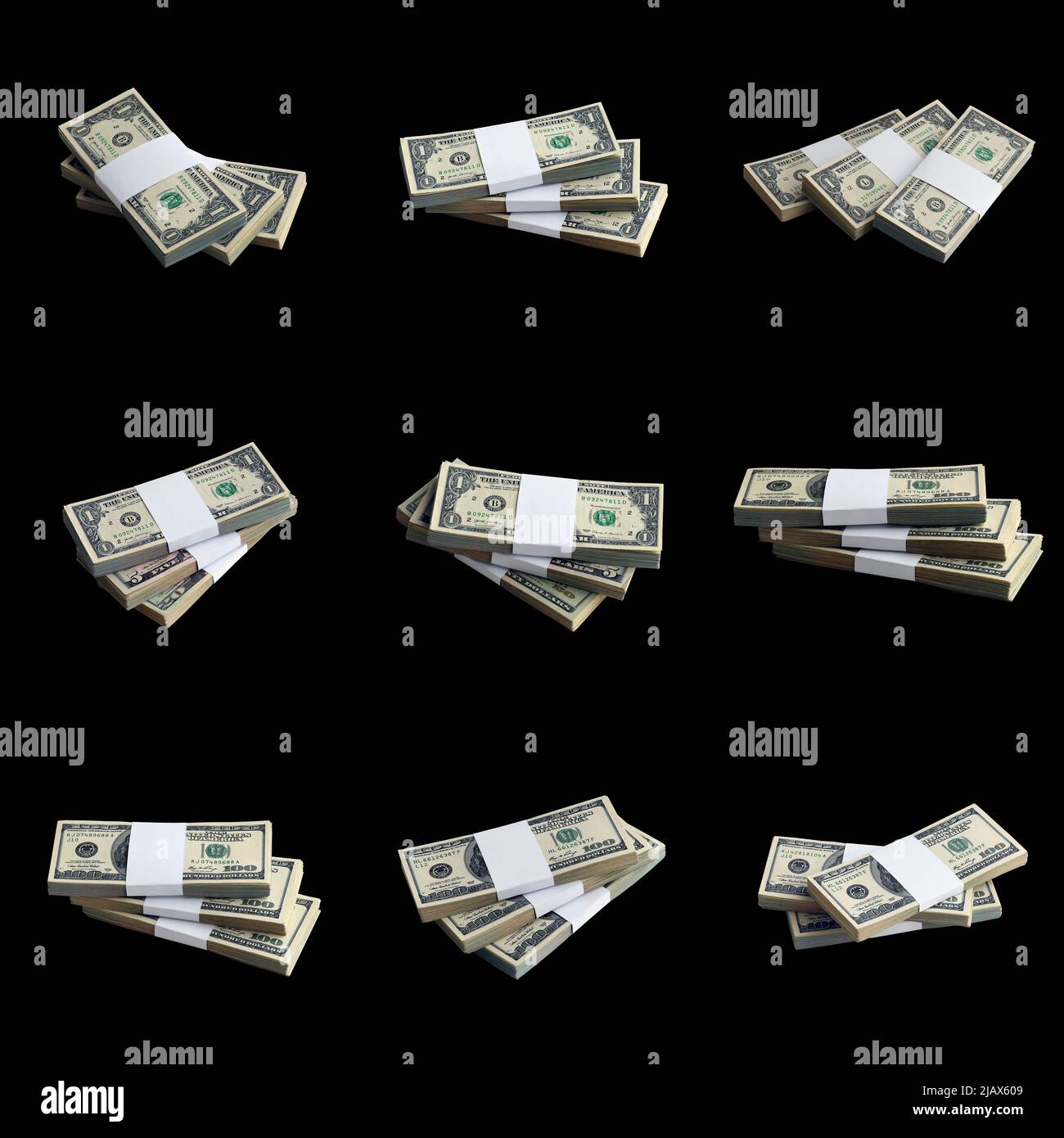 Big set of bundles of US dollar bills isolated on black. Collage with ...