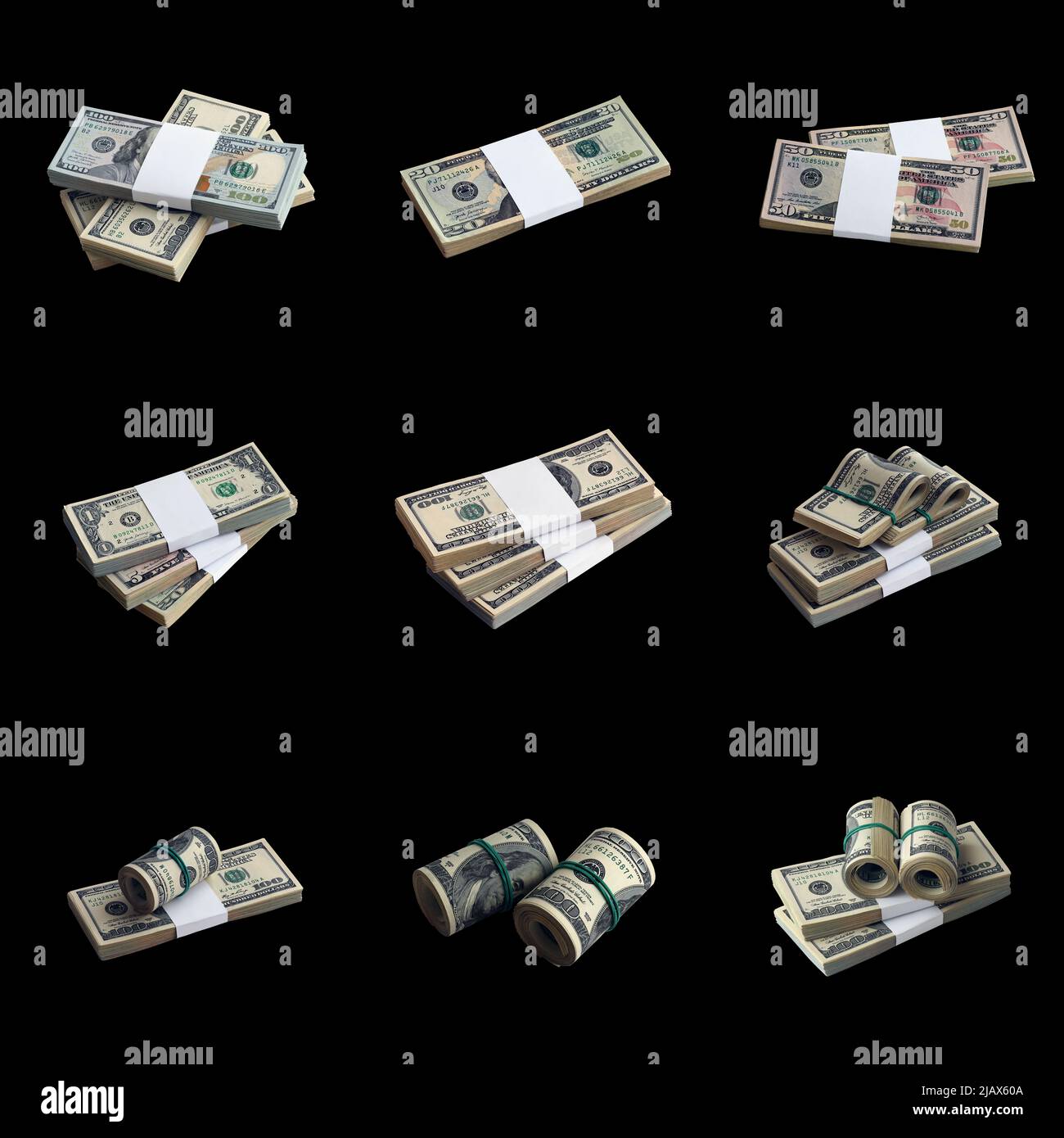 Big set of bundles of US dollar bills isolated on black. Collage with ...