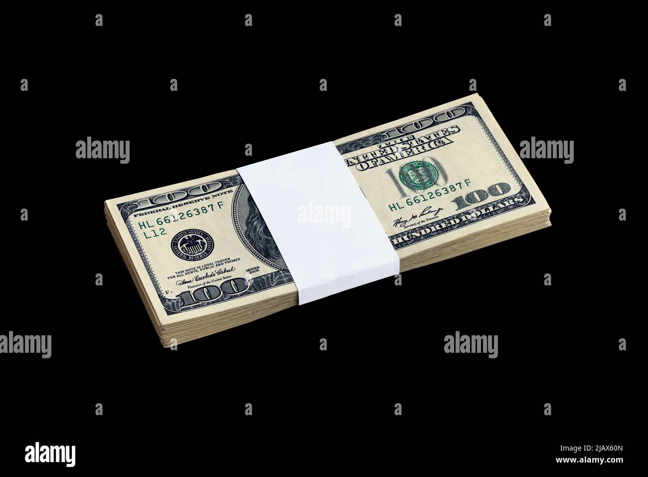 Bundle of US dollar bills isolated on black. Pack of american money ...