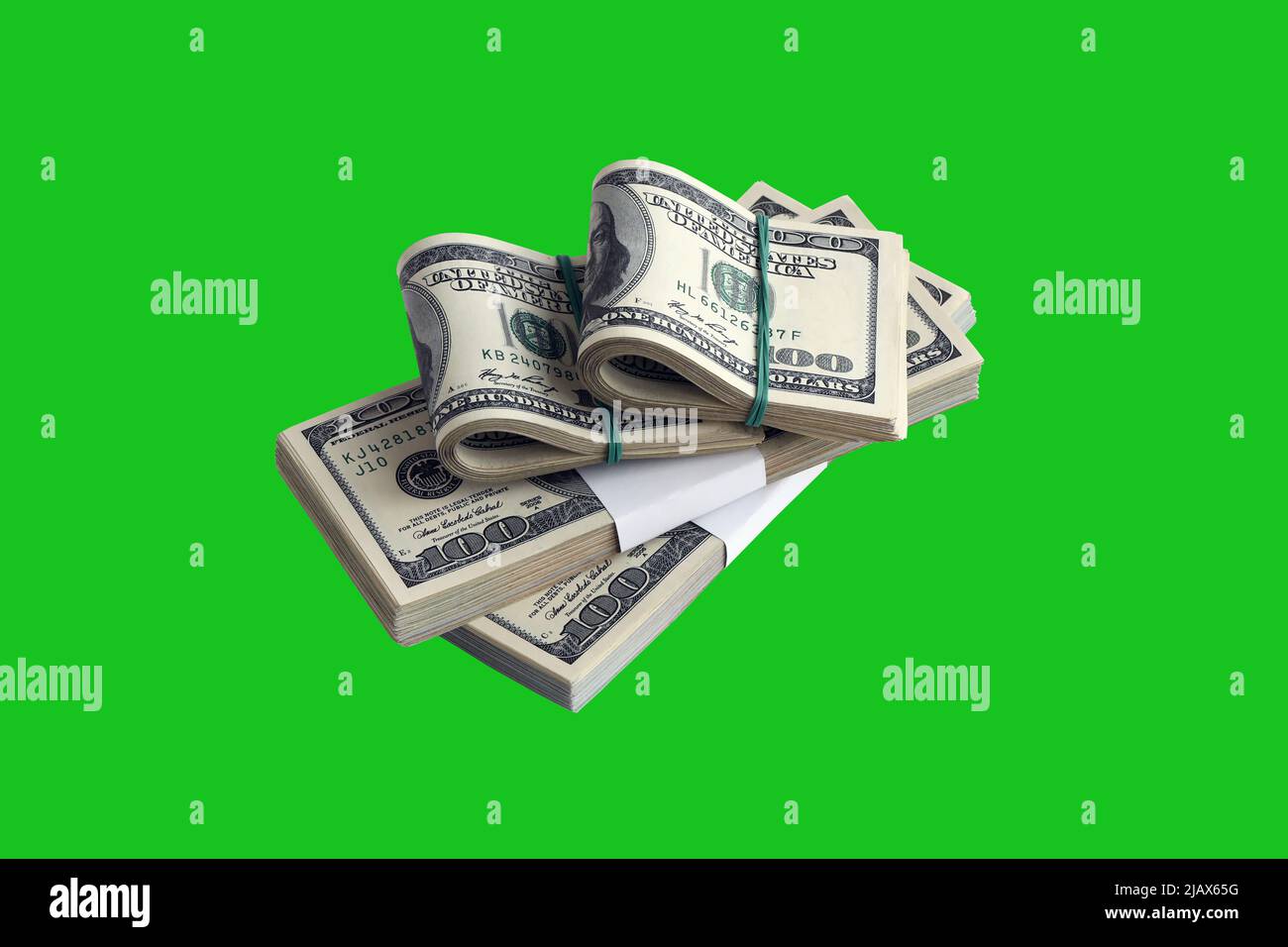 Bundle of US dollar bills isolated on chroma keyer green. Pack of ...