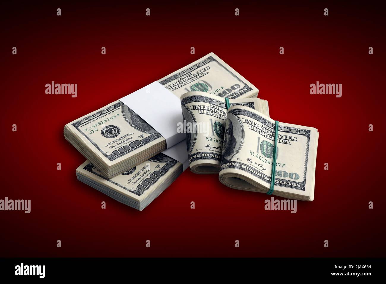 Bundle of US dollar bills on crimson red background. Pack of american ...
