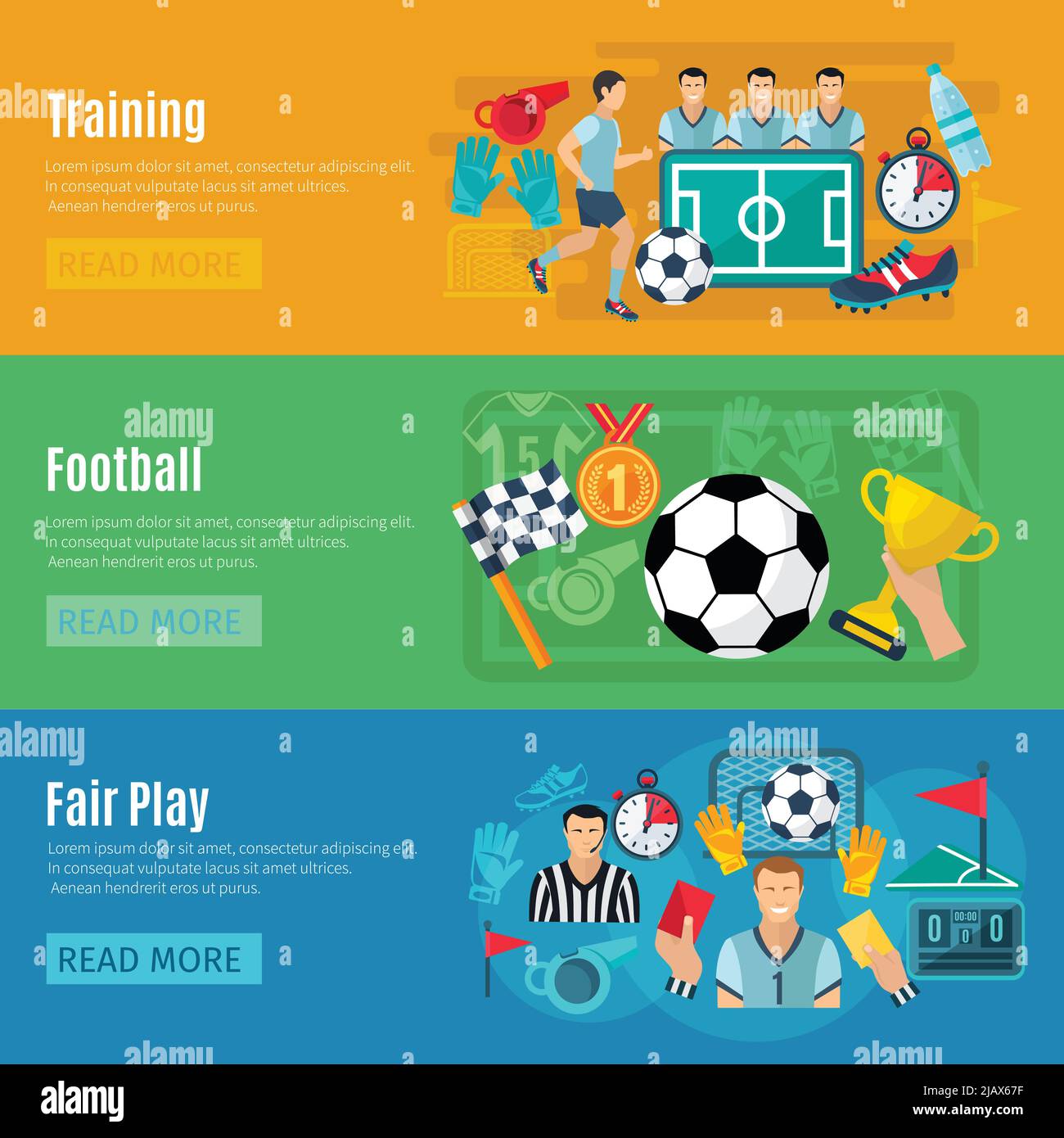 Soccer horizontal banner set with football training flat elements ...