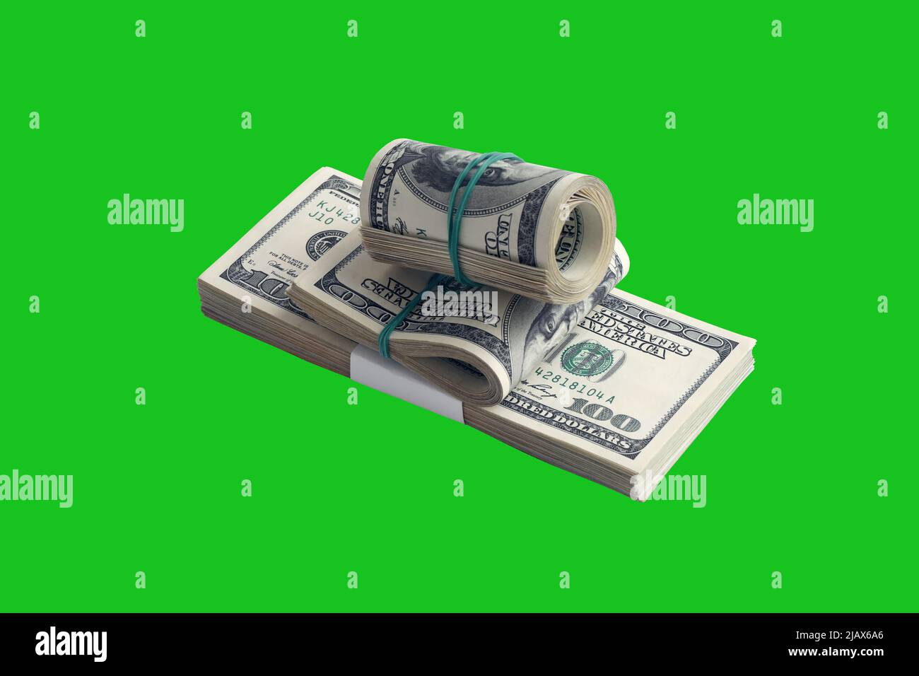 Bundle of US dollar bills isolated on chroma keyer green. Pack of ...