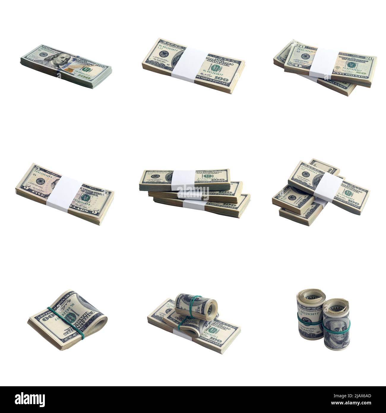 Big set of bundles of US dollar bills isolated on white. Collage with ...