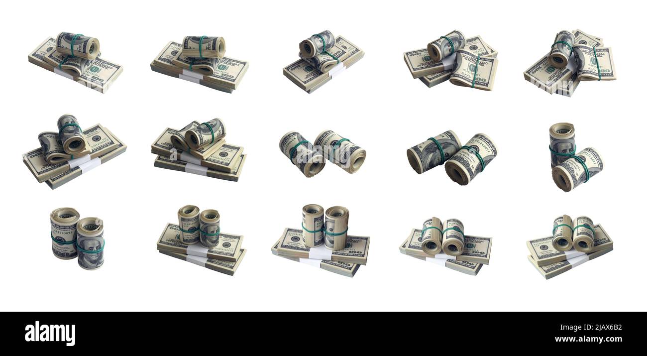 Big set of bundles of US dollar bills isolated on white. Collage with ...