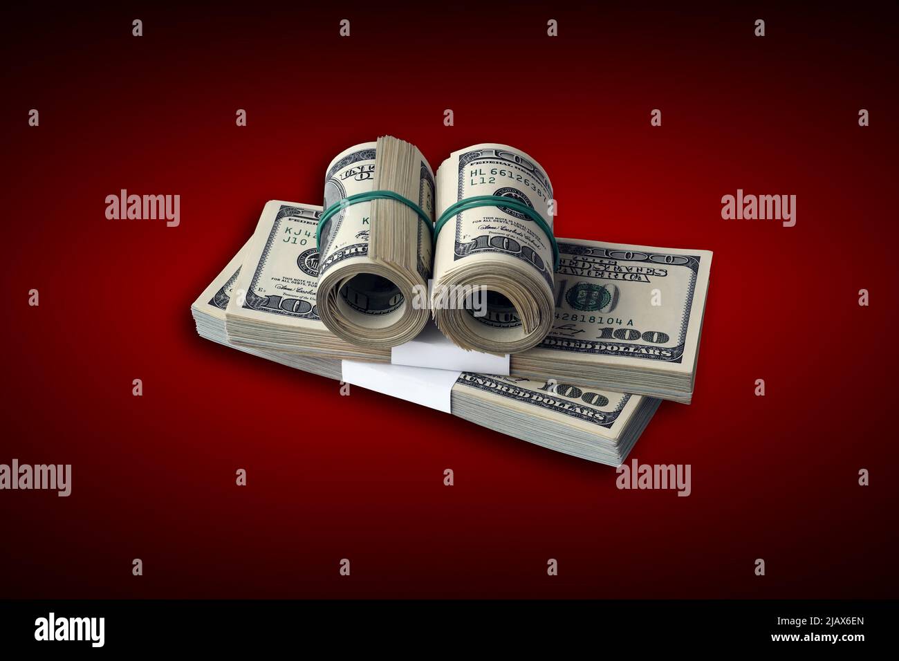 Bundle of US dollar bills on crimson red background. Pack of american ...