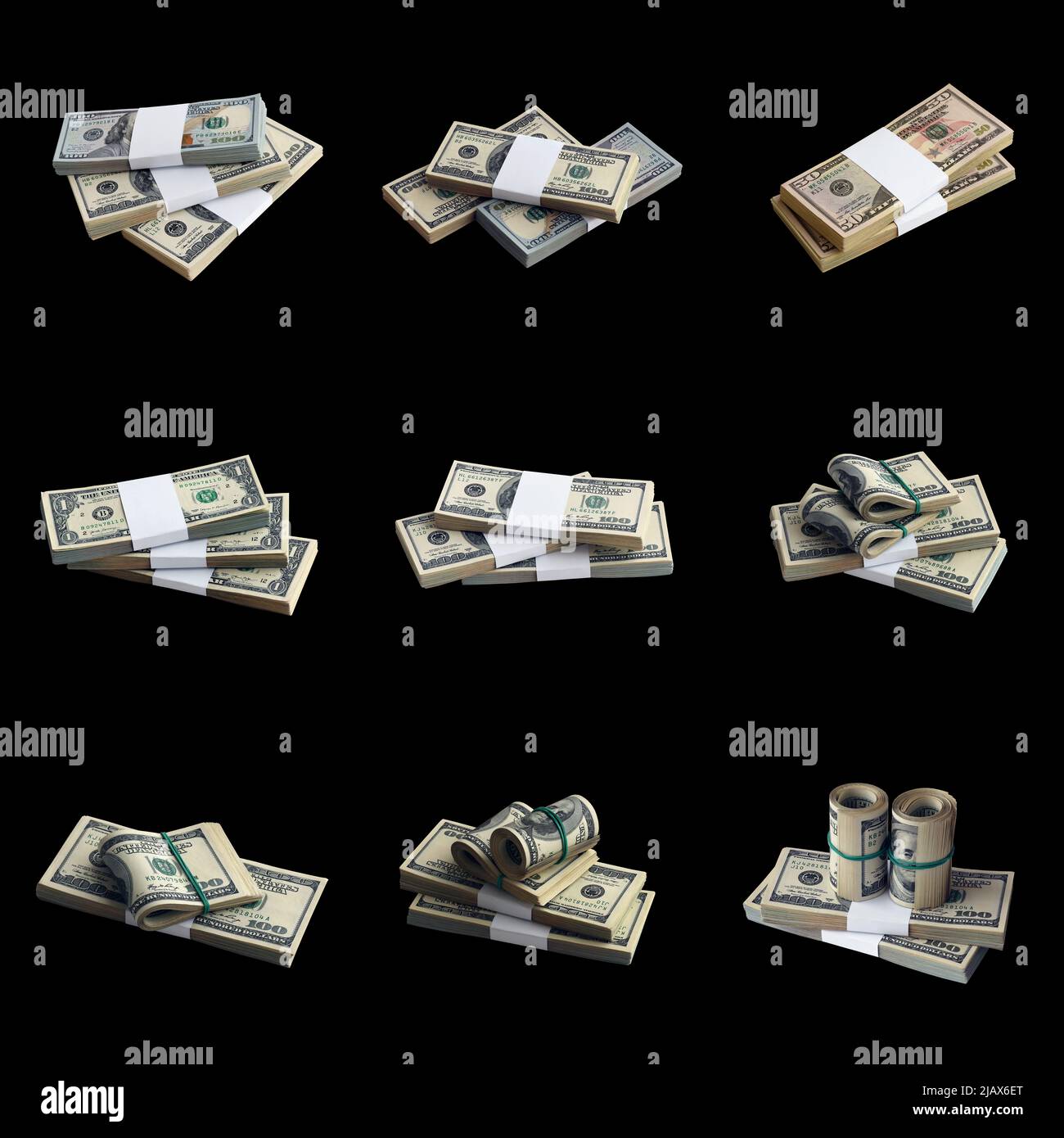 Big set of bundles of US dollar bills isolated on black. Collage with ...