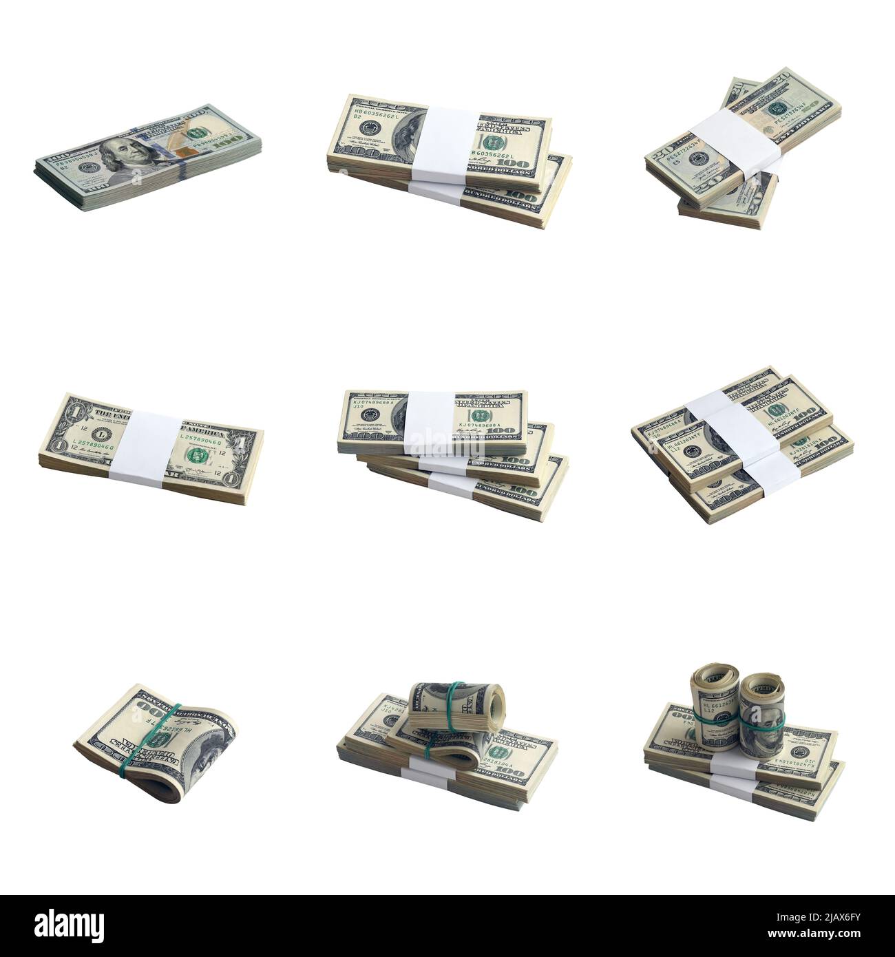 Big set of bundles of US dollar bills isolated on white. Collage with ...