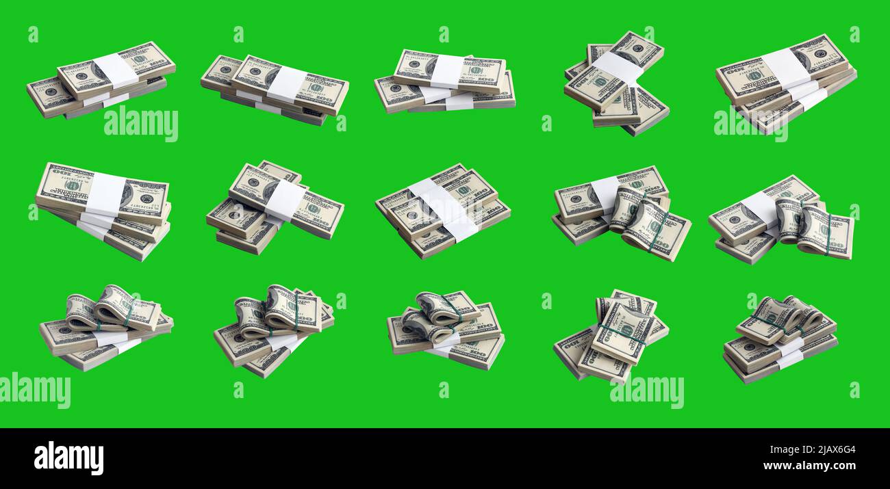 Big set of bundles of US dollar bills isolated on chroma key green ...