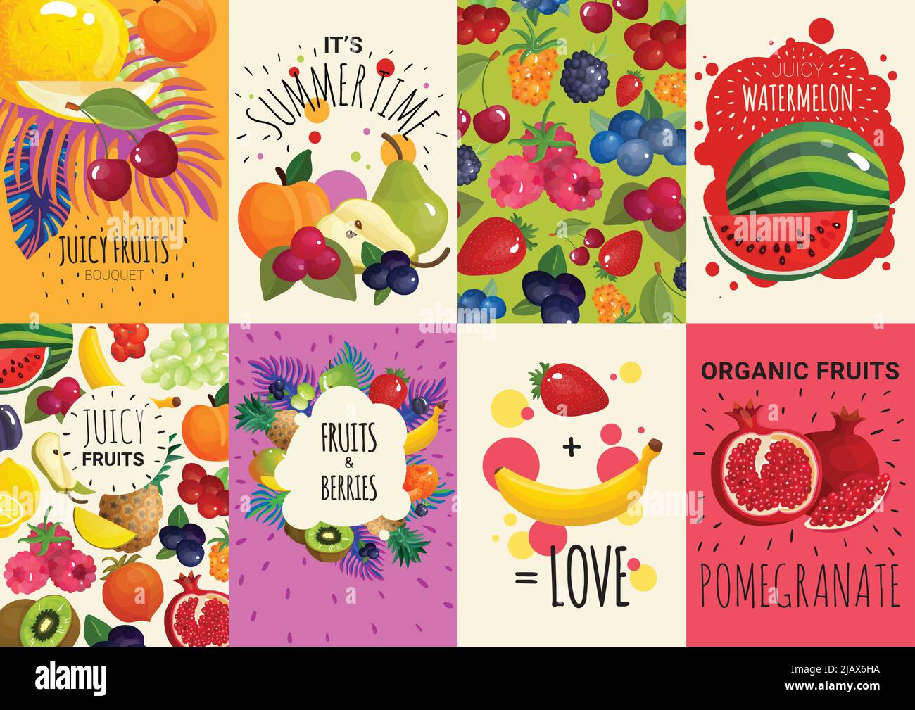 Fresh juicy fruits and berries 8 colorful advertisement banners ...