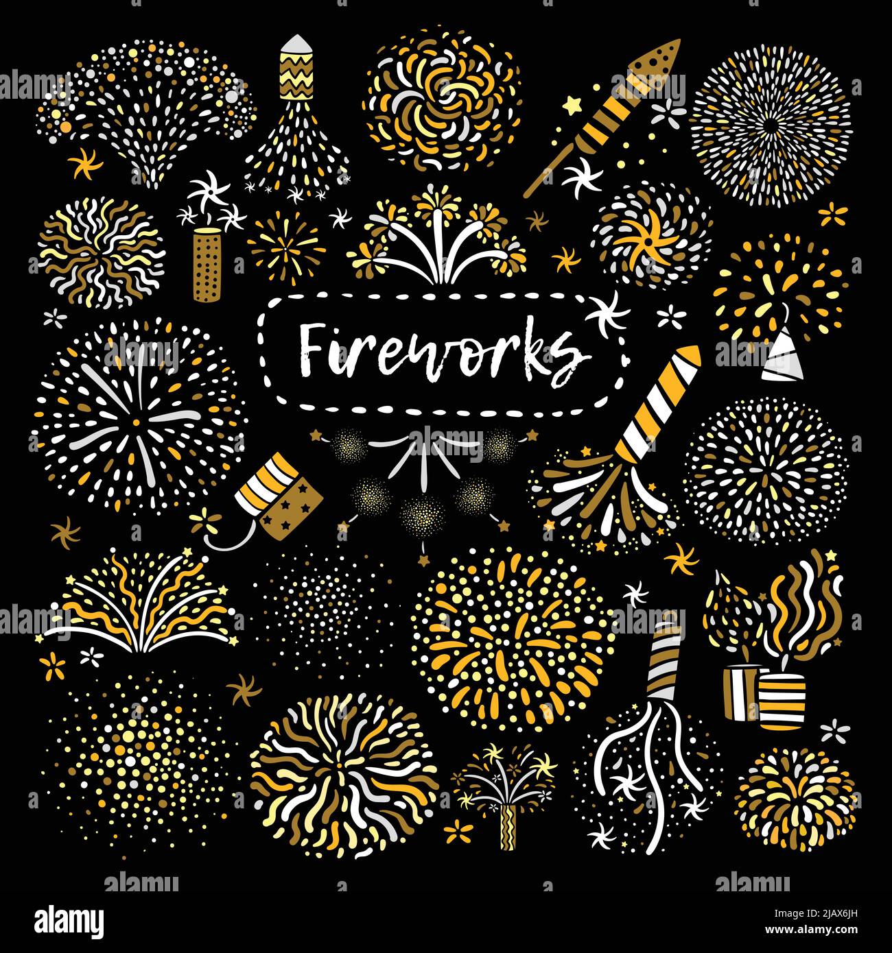 Golden yellow festive different types firework shapes icons composition ...