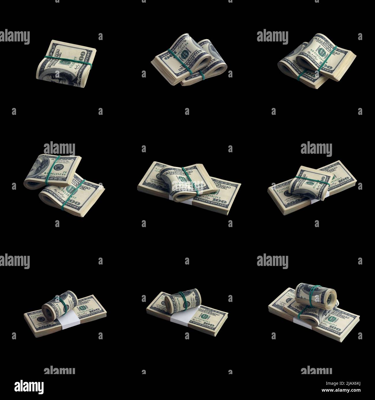 Big set of bundles of US dollar bills isolated on black. Collage with ...