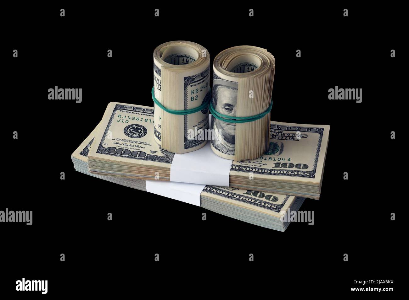 Bundle of US dollar bills isolated on black. Pack of american money ...