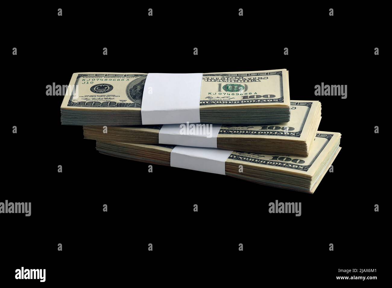 Bundle of US dollar bills isolated on black. Pack of american money ...