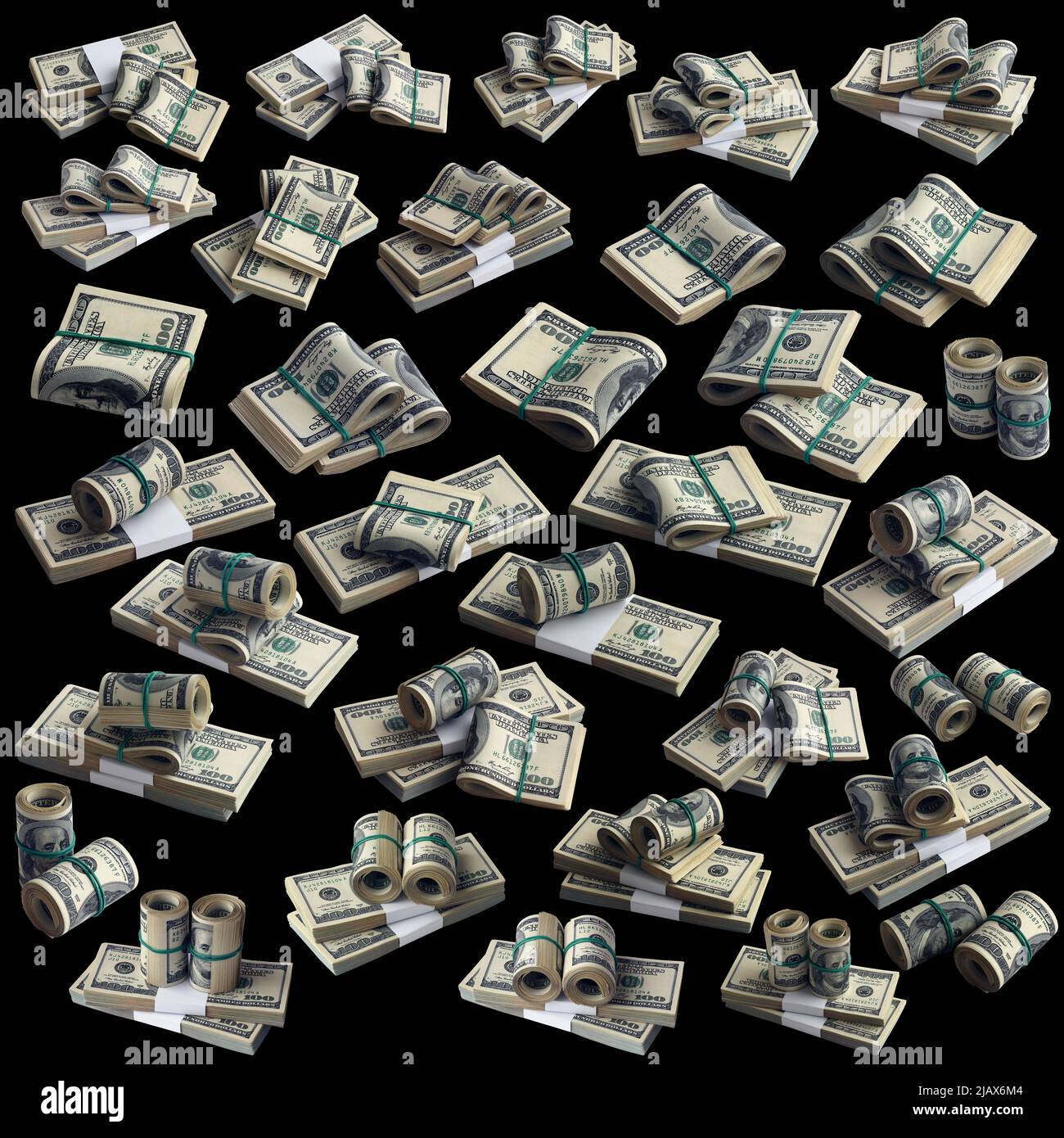 Big set of bundles of US dollar bills isolated on black. Collage with ...