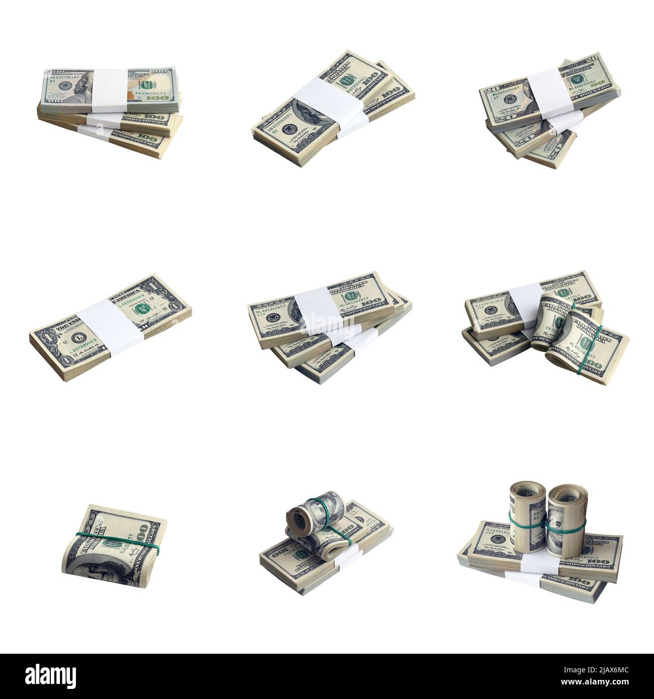 Big set of bundles of US dollar bills isolated on white. Collage with ...